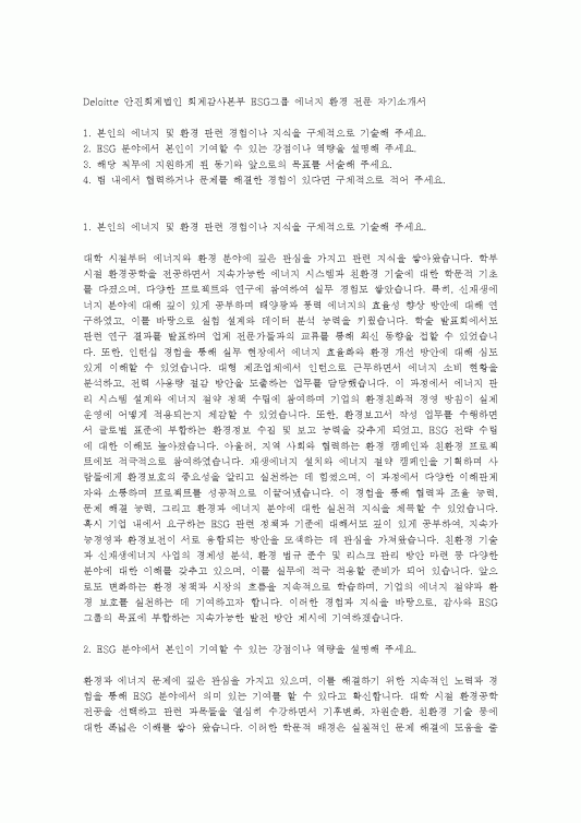 Deloitte 안진회계법인 회계감사본부 ESG그룹 에너지 환경 전문 자기소개서