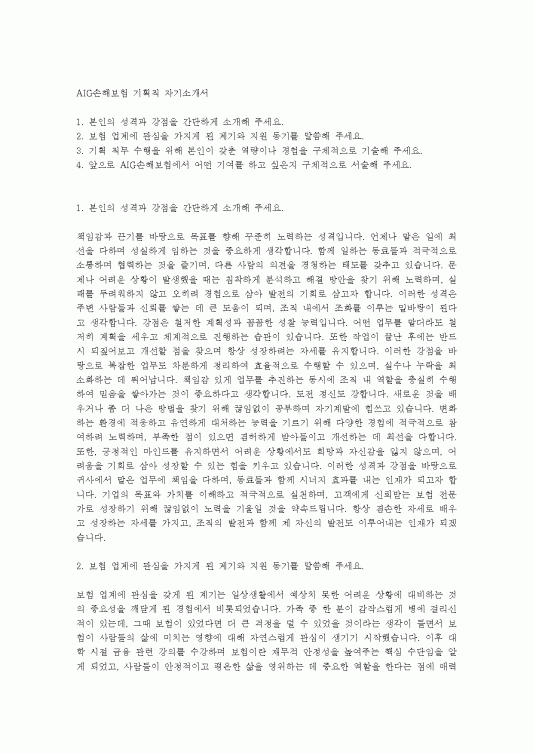 AIG손해보험 기획직 자기소개서