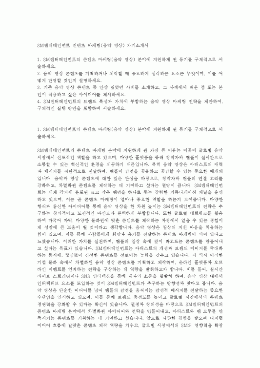 SM엔터테인먼트 컨텐츠 마케팅(음악 영상) 자기소개서