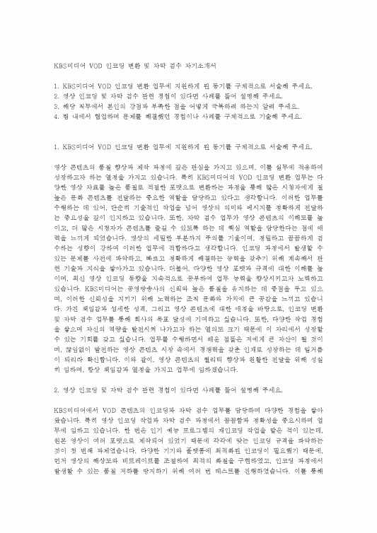 KBS미디어 VOD 인코딩 변환 및 자막 검수 자기소개서