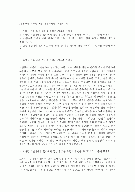 NS홈쇼핑 모바일 제휴 채널마케팅 자기소개서
