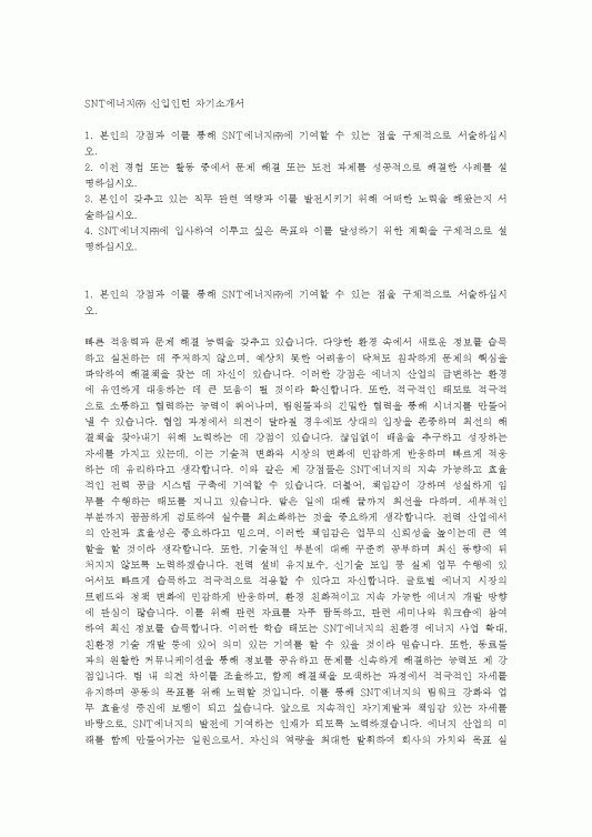 SNT에너지㈜ 신입인턴 자기소개서