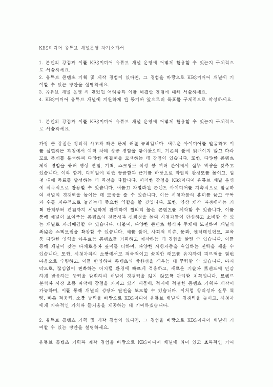 KBS미디어 유튜브 채널운영 자기소개서