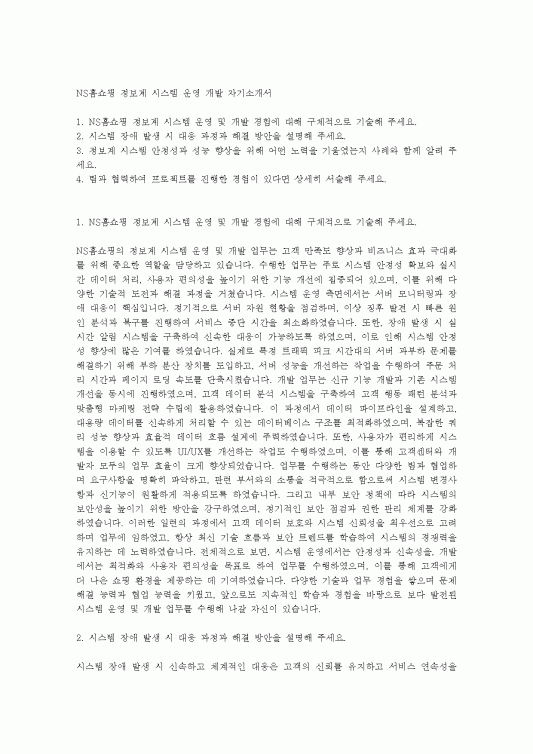NS홈쇼핑 정보계 시스템 운영 개발 자기소개서