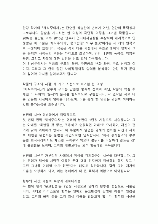 인간의 폭력성과 해방을 향한 여정_한강 작가의 채식주의자 감상문