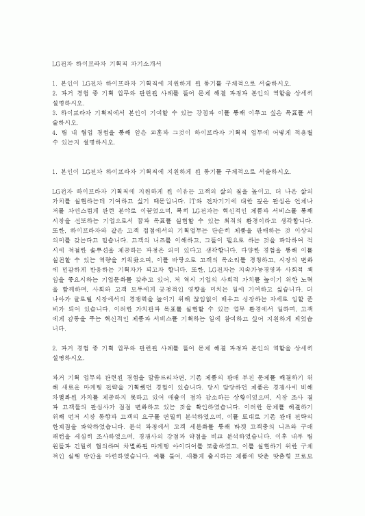 LG전자 하이프라자 기획직 자기소개서