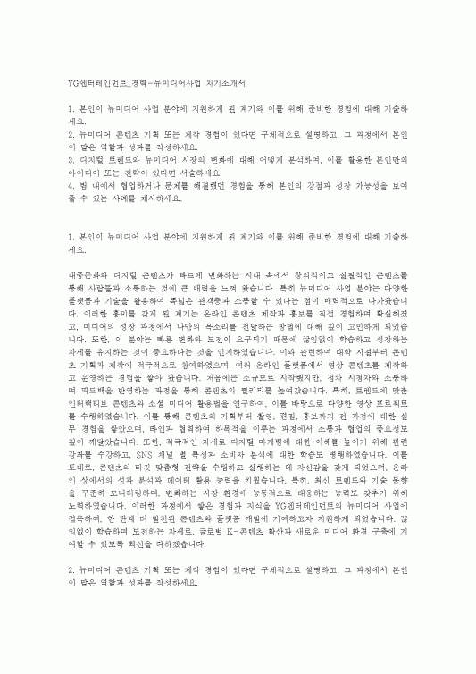 YG엔터테인먼트_경력-뉴미디어사업 자기소개서