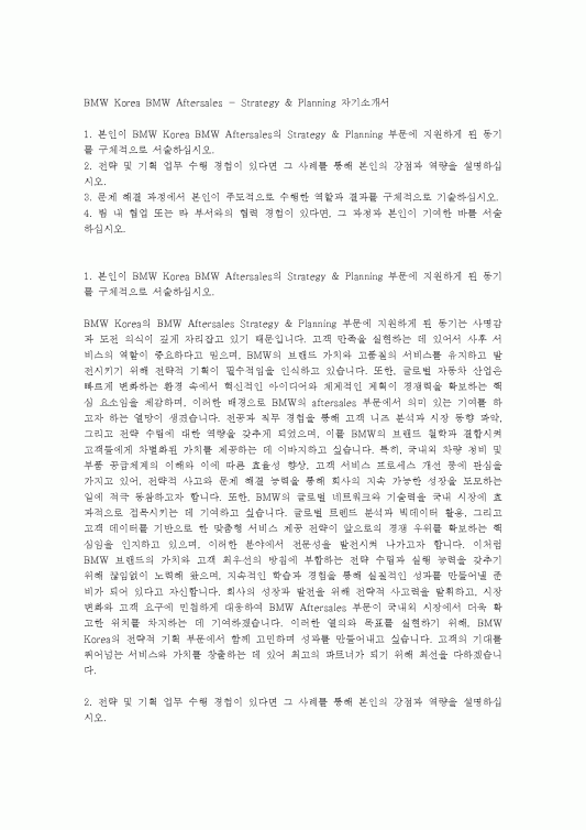 BMW Korea Aftersales - Strategy & Planning 자기소개서