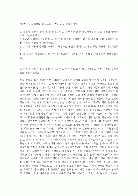 BMW Korea Aftersales-Warranty 자기소개서