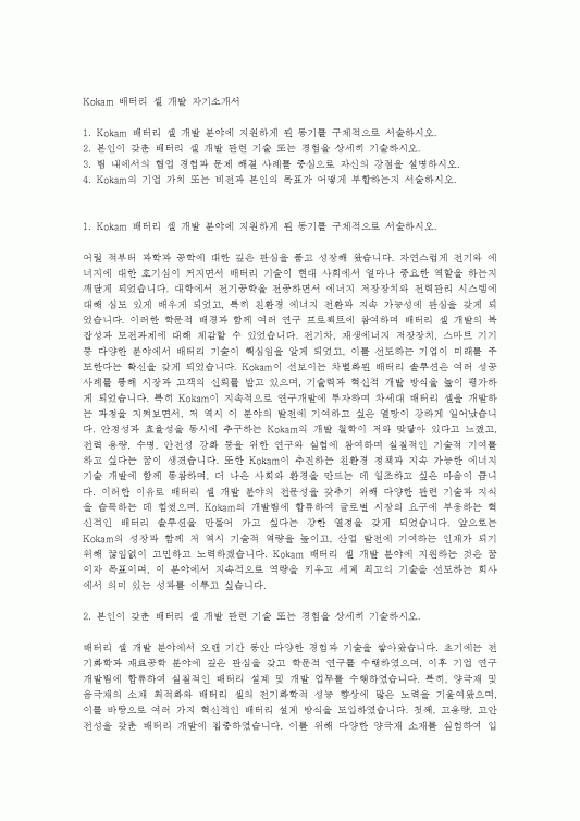 Kam 배터리 셀 개발 자기소개서