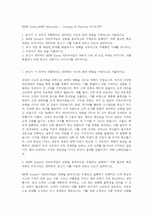 BMW Korea_BMW Aftersales - Strategy & Planning 자기소개서