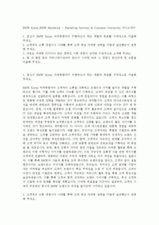 BMW Korea_BMW Marketing - Services & Customer Interaction 자기소개서