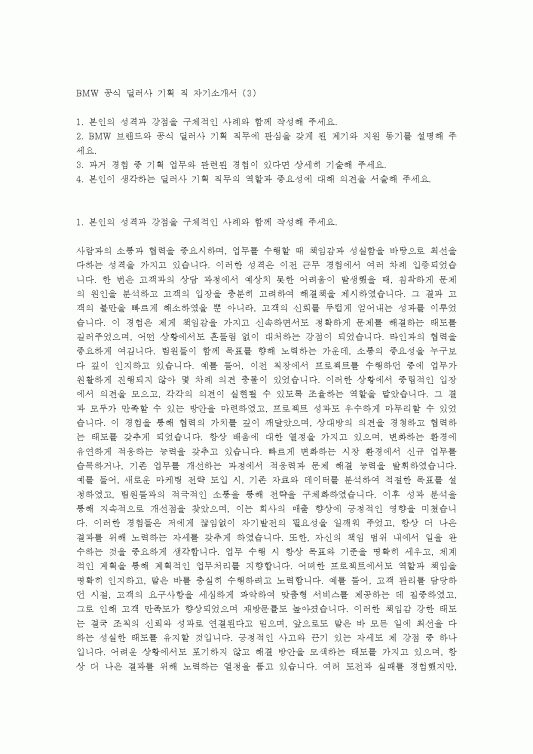 BMW 공식 딜러사 기획 직 자기소개서 (3)