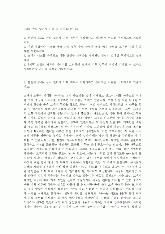 BMW 공식 딜러사 기획 직 자기소개서 (6)