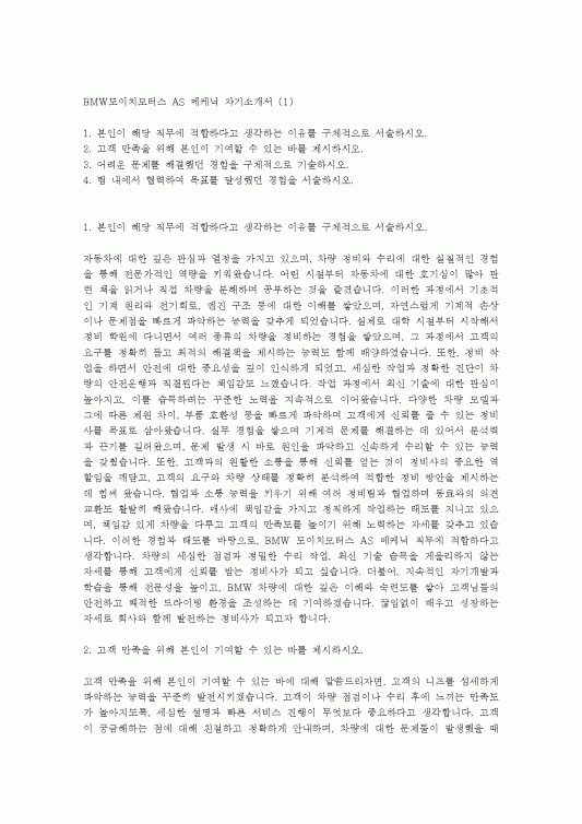 BMW도이치모터스 AS 메케닉 자기소개서 (1)