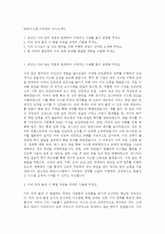 BNK시스템 서버관리 자기소개서
