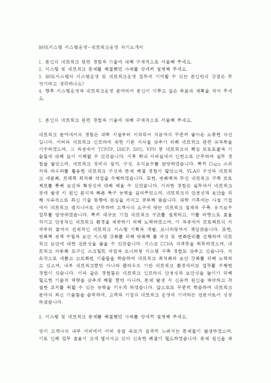 BNK시스템 시스템운영-네트워크운영 자기소개서