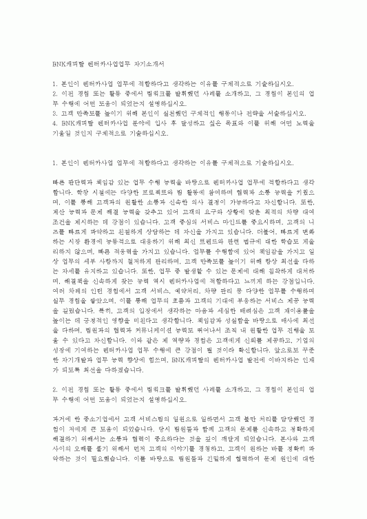BNK캐피탈 렌터카사업업무 자기소개서