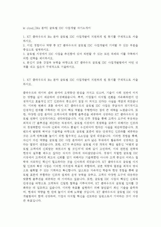 kt cloud_[Biz 분야] 글로벌 IDC 사업개발 자기소개서