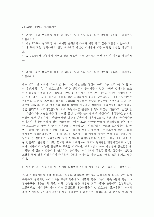 CJ E&M 예능PD 자기소개서