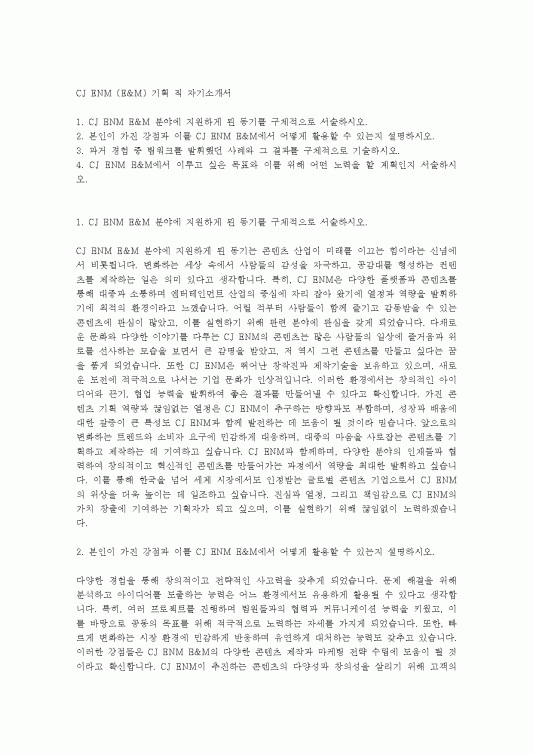CJ ENM (E&M) 기획 직 자기소개서