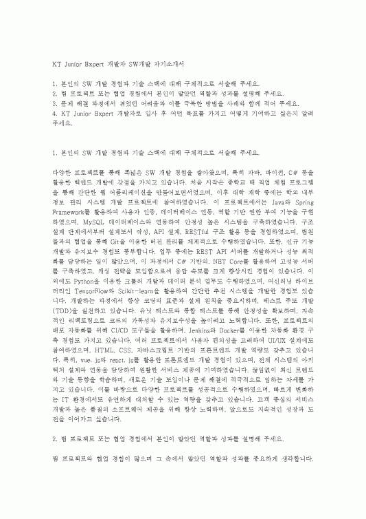 KT Junior Expert 개발자 SW개발 자기소개서