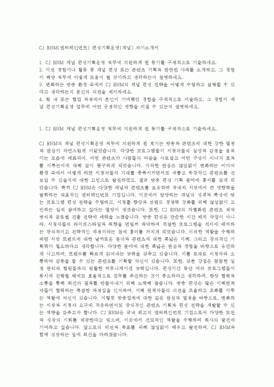 CJ ENM(엔터테인먼트) 편성기획운영(채널) 자기소개서