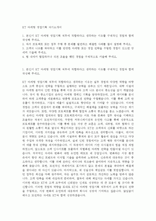 KT 마케팅 영업기획 자기소개서