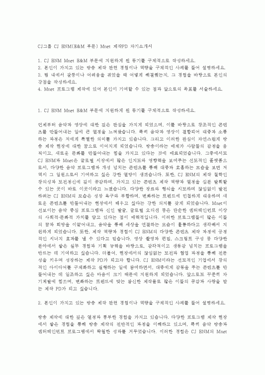 CJ그룹 CJ ENM(E&M 부문) Mnet 제작PD 자기소개서