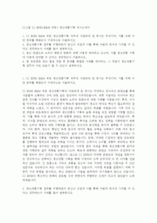 CJ그룹 CJ ENM(E&M 부문) 광고상품기획 자기소개서