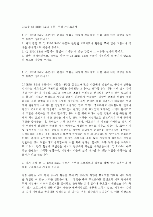 CJ그룹 CJ ENM(E&M 부문) 편성 자기소개서