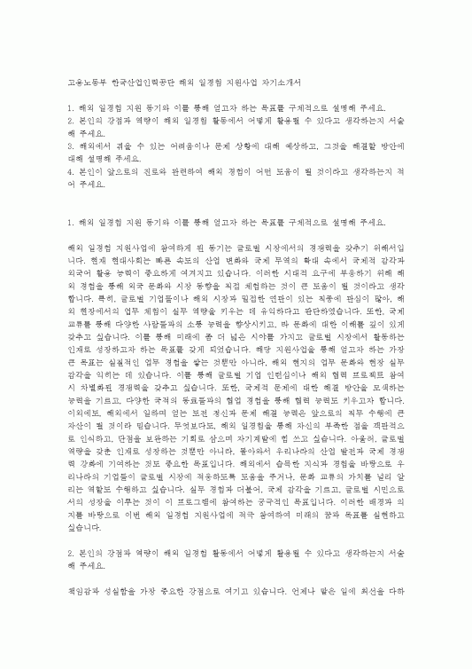 고용노동부 한국산업인력공단 해외 일경험 지원사업 자기소개서