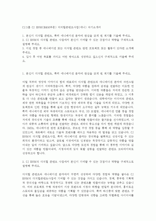CJ그룹 CJ ENM(E&M부문) 디지털콘텐츠사업(애니) 자기소개서