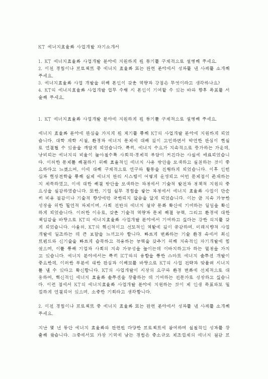 KT 에너지효율화 사업개발 자기소개서