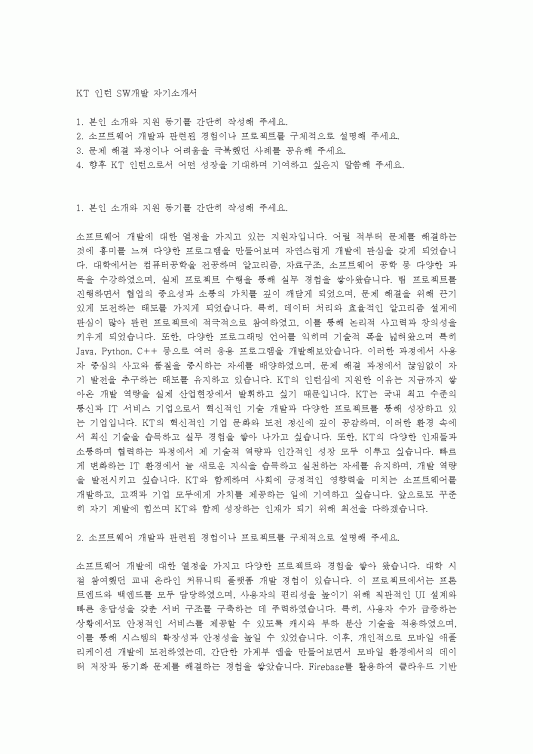 KT 인턴 SW개발 자기소개서