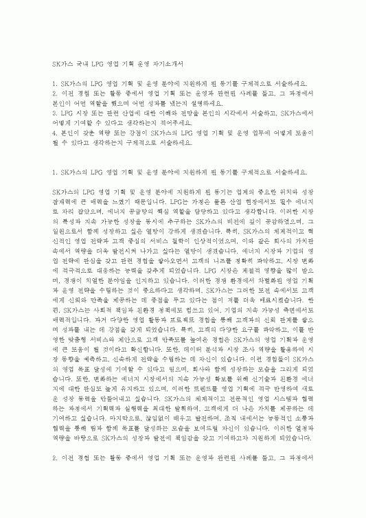 SK가스 국내 LPG 영업 기획 운영 자기소개서