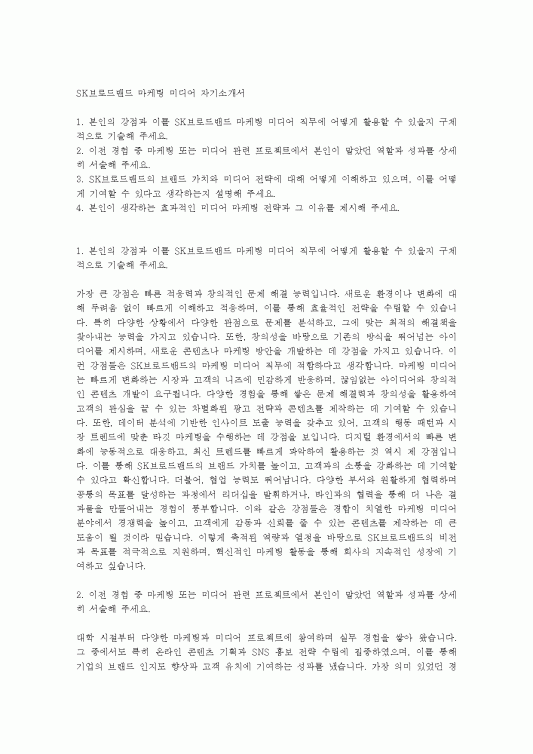 SK브로드밴드 마케팅 미디어 자기소개서