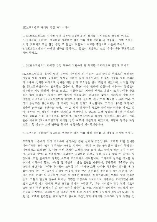SK브로드밴드 마케팅 영업 자기소개서