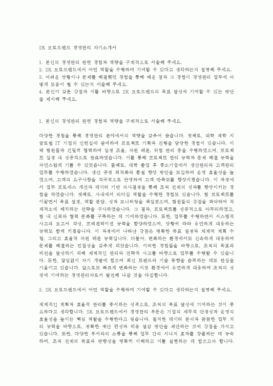 SK 브로드밴드 경영관리 자기소개서