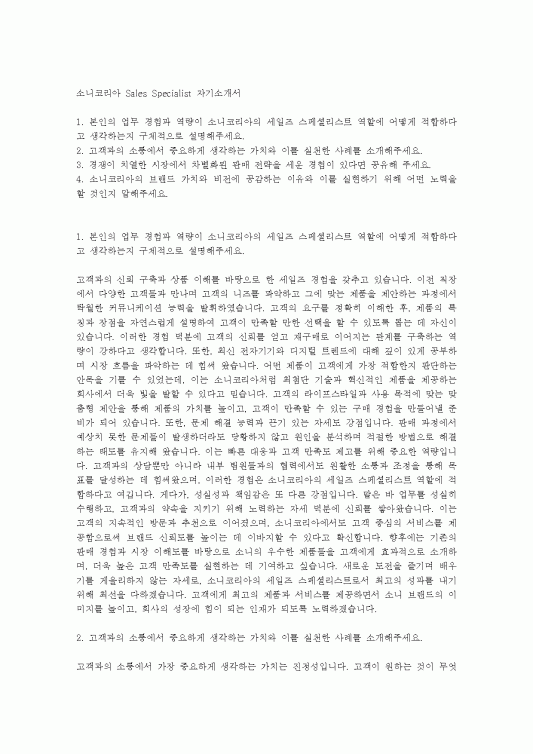 소니코리아 Sales Specialist 자기소개서
