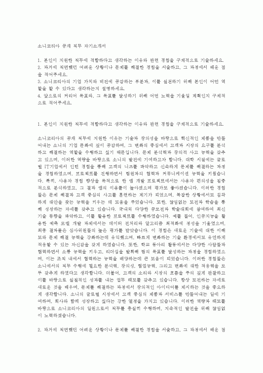 소니코리아 공채 직무 자기소개서