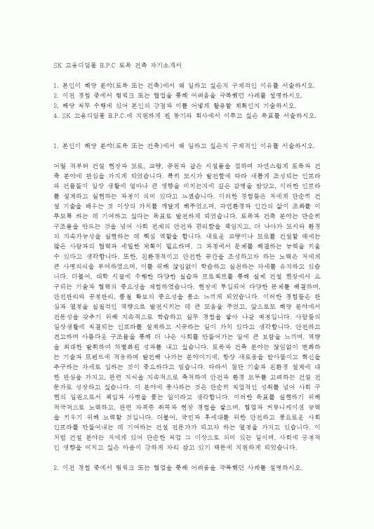 SK 고용디딤돌 E.P.C 토목 건축 자기소개서