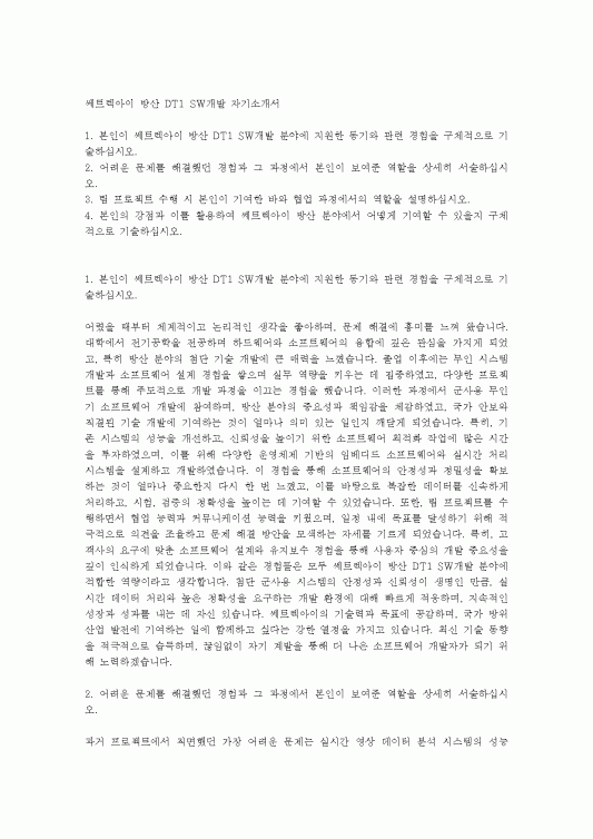 쎄트렉아이 방산 DT1 SW개발 자기소개서