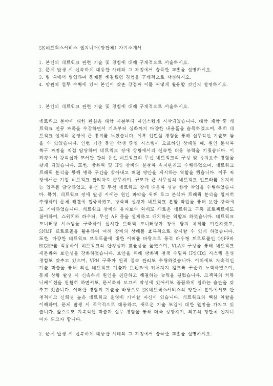 SK네트웍스서비스 엔지니어(망관제) 자기소개서