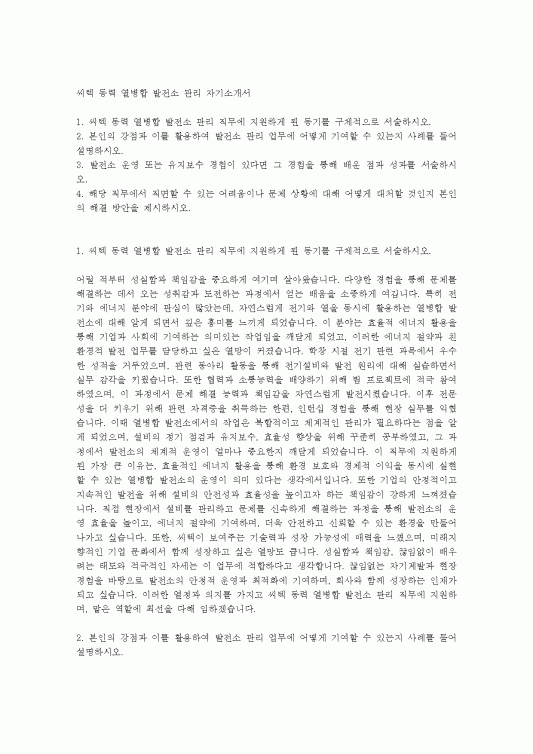 씨텍 동력 열병합 발전소 관리 자기소개서