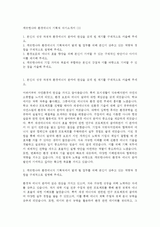 깨끗한나라 환경에너지 기획직 자기소개서 (3)