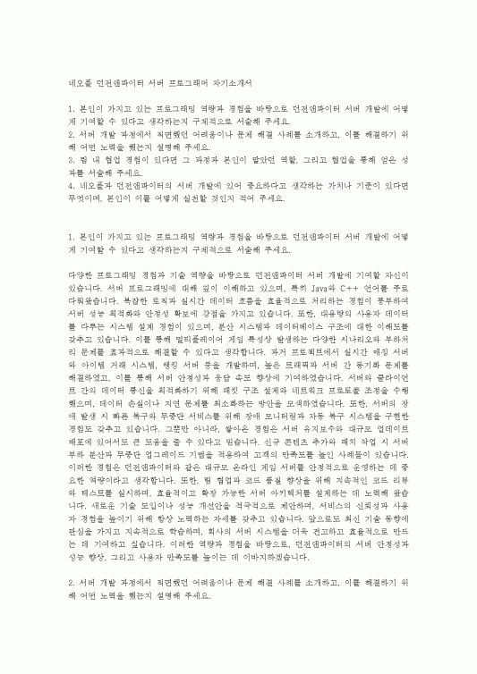 네오플 던전앤파이터 서버 프로그래머 자기소개서