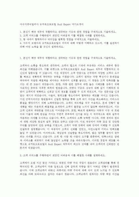 아우디공식딜러사 유카로오토모빌 Audi Expert 자기소개서