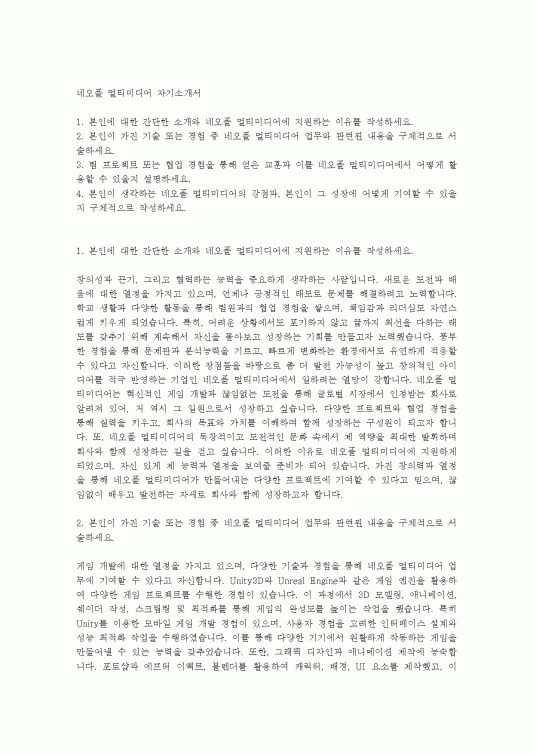 네오플 멀티미디어 자기소개서