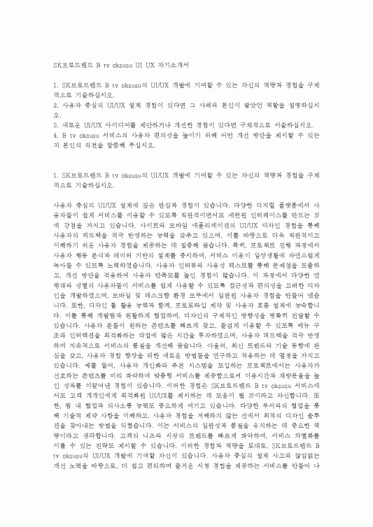 SK브로드밴드 B tv susu UI UX 자기소개서